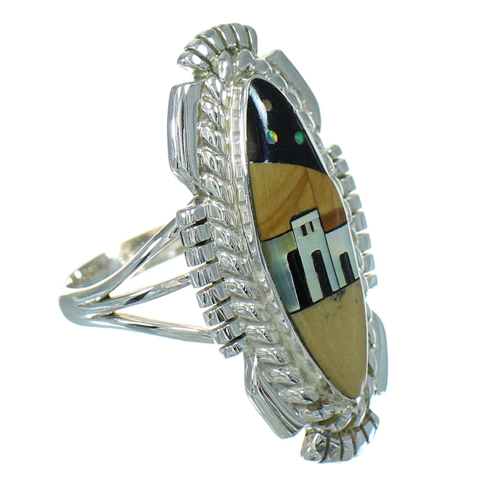 Native American Village Design Southwest Multicolor Inlay Silver Ring ...
