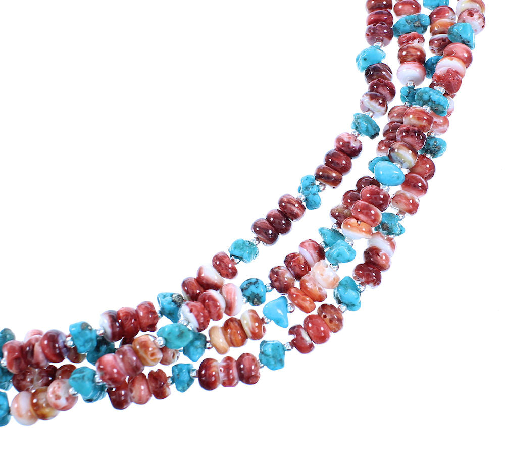 Sterling Silver 4-Strand Red Oyster Shell And Turquoise Navajo Indian ...