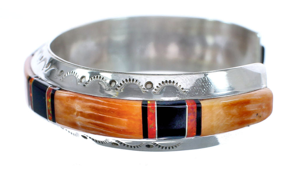 Native American Sterling Silver Oyster Shell Onyx and Red Opal Inlay C ...