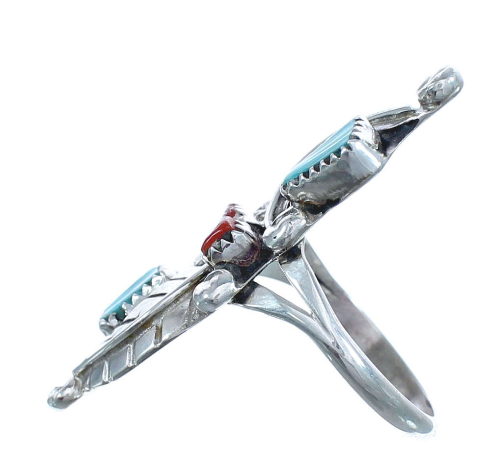 Authentic Sterling Silver Navajo Turquoise Coral Leaf Design Ring Size ...