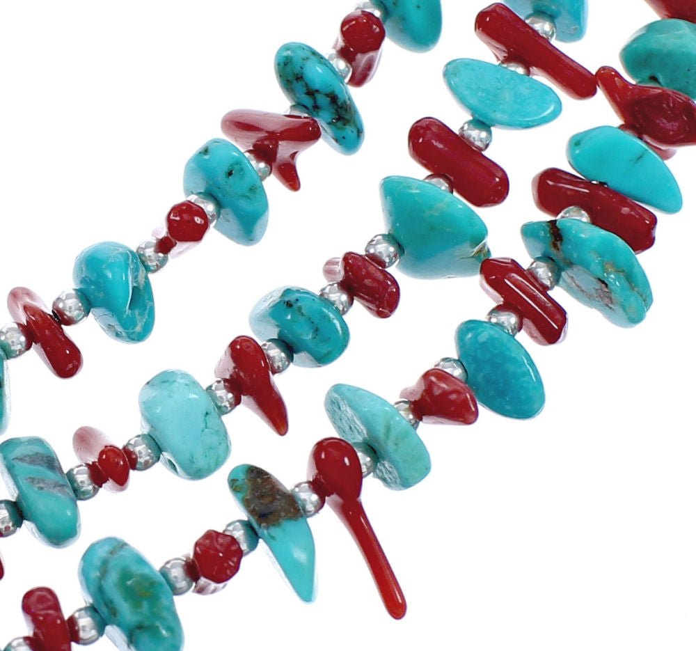 Silver 3 Strand Turquoise and Coral Bead Necklace AX124714 – SilverTribe